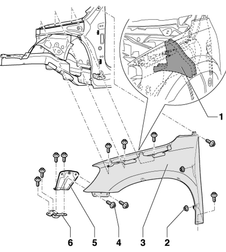 Removal and installation of the front wing and its parts (Skoda Yeti ...